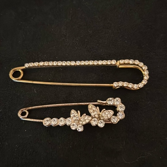 Jewelry | 2 Crystal Embellished Safety Pins Brooch Gold Tone | Poshmark
